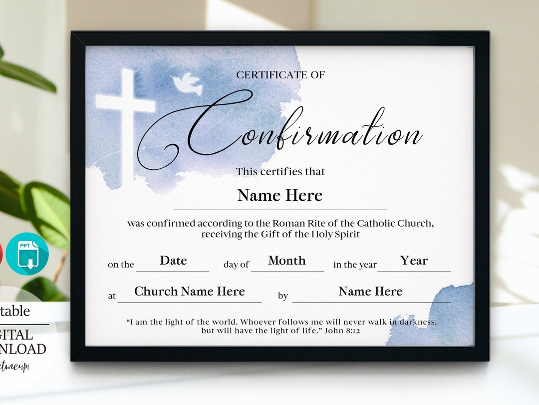 Confirmation Certificate Template, Editable Printable Confirmation Certificate, Church ...