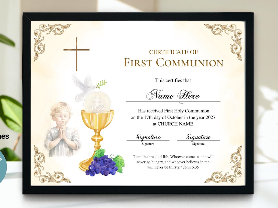 First Communion Certificate Template, Editable Printable Boy ...