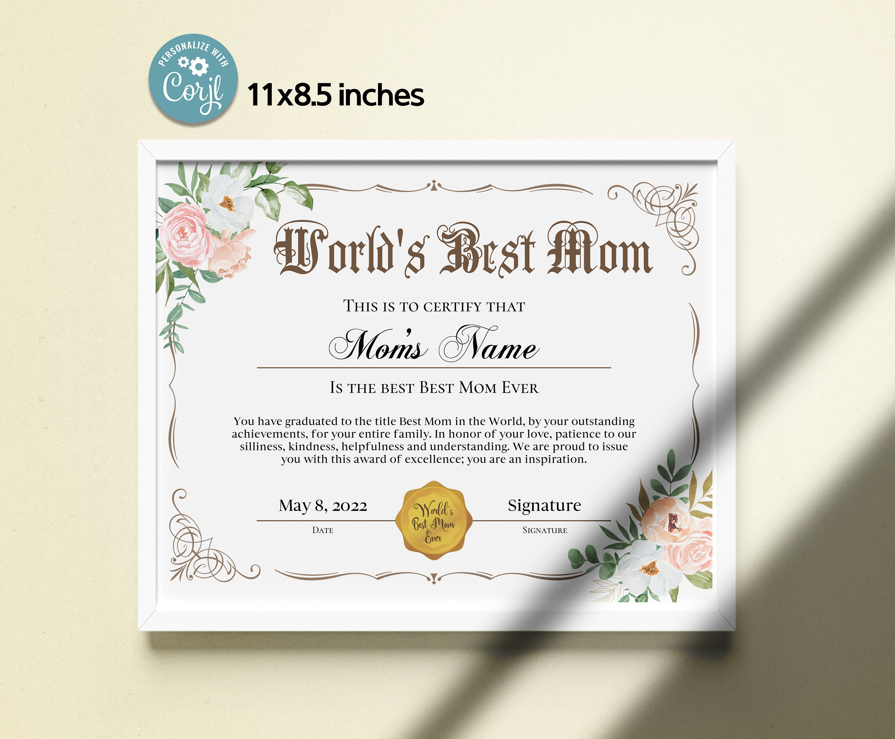 Editable Best Mom Certificate Template, Customizable Gift for Mom ...