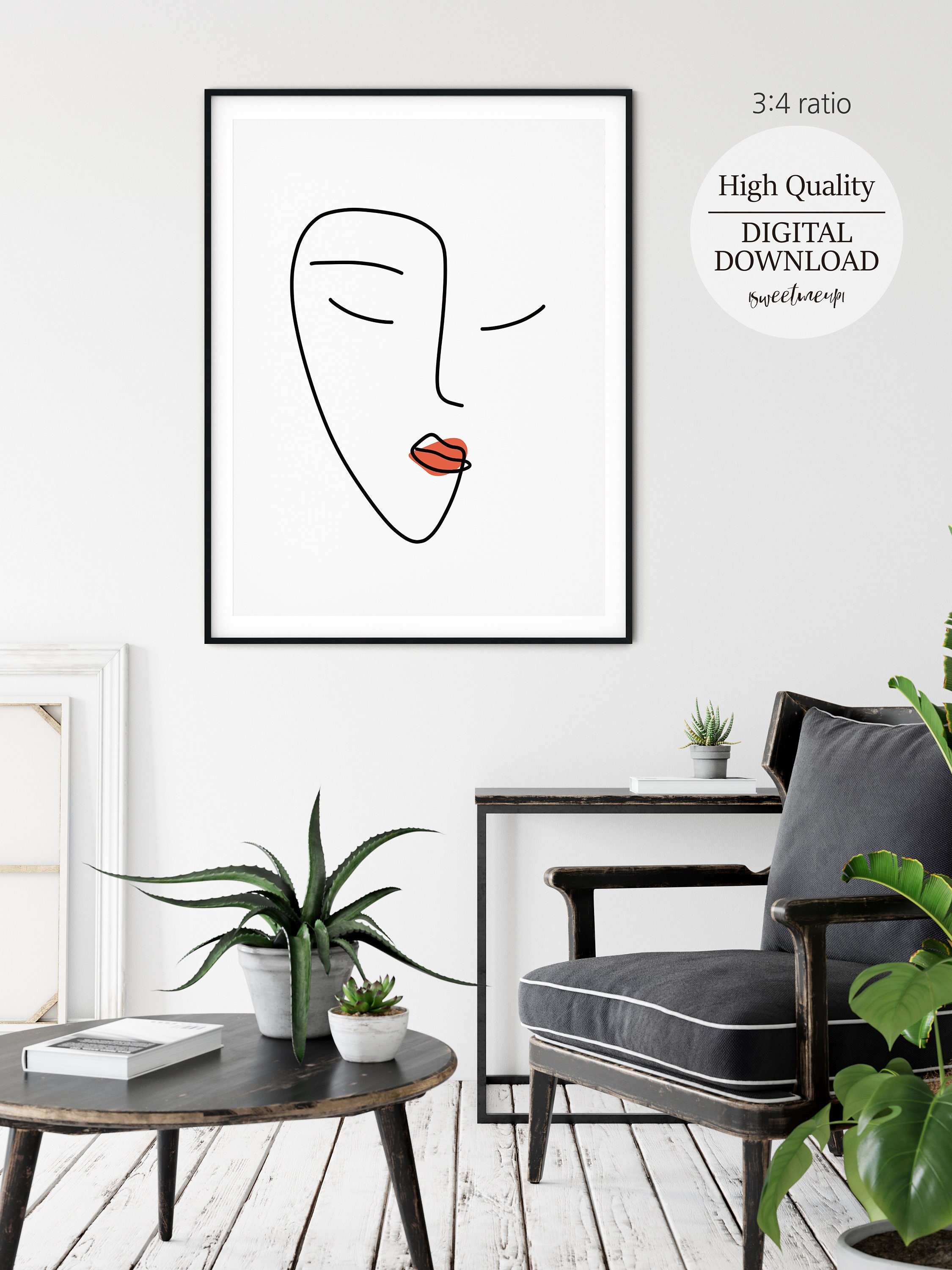 Line Face Art Print Line Art Female Face Red lip Female | Etsy