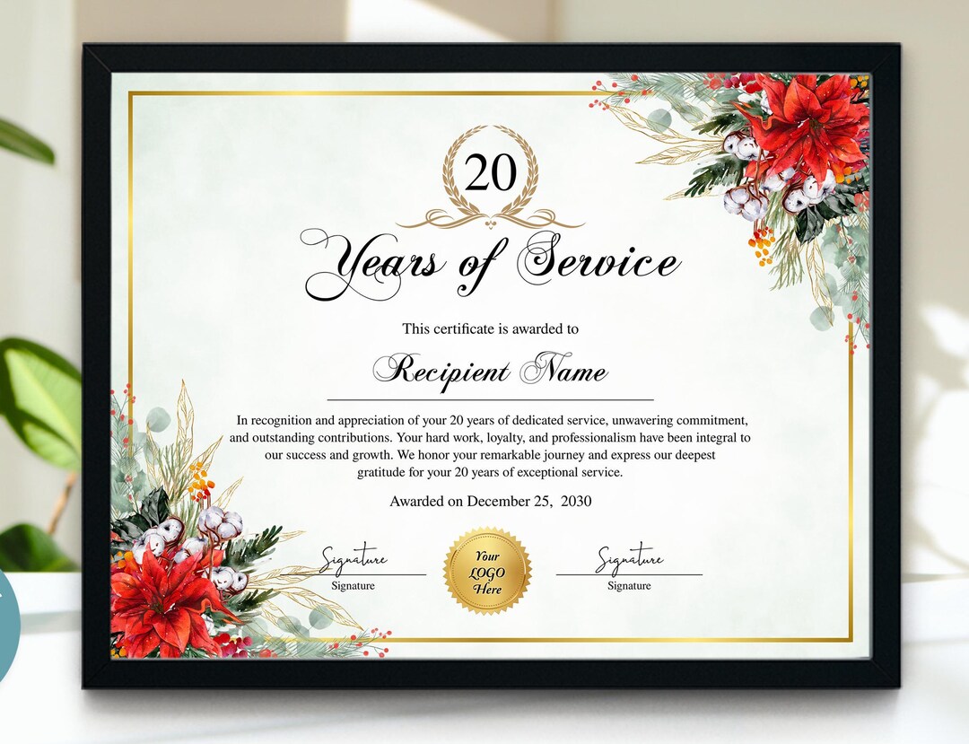Christmas Certificate Years of Service Award Certificate, Holiday ...