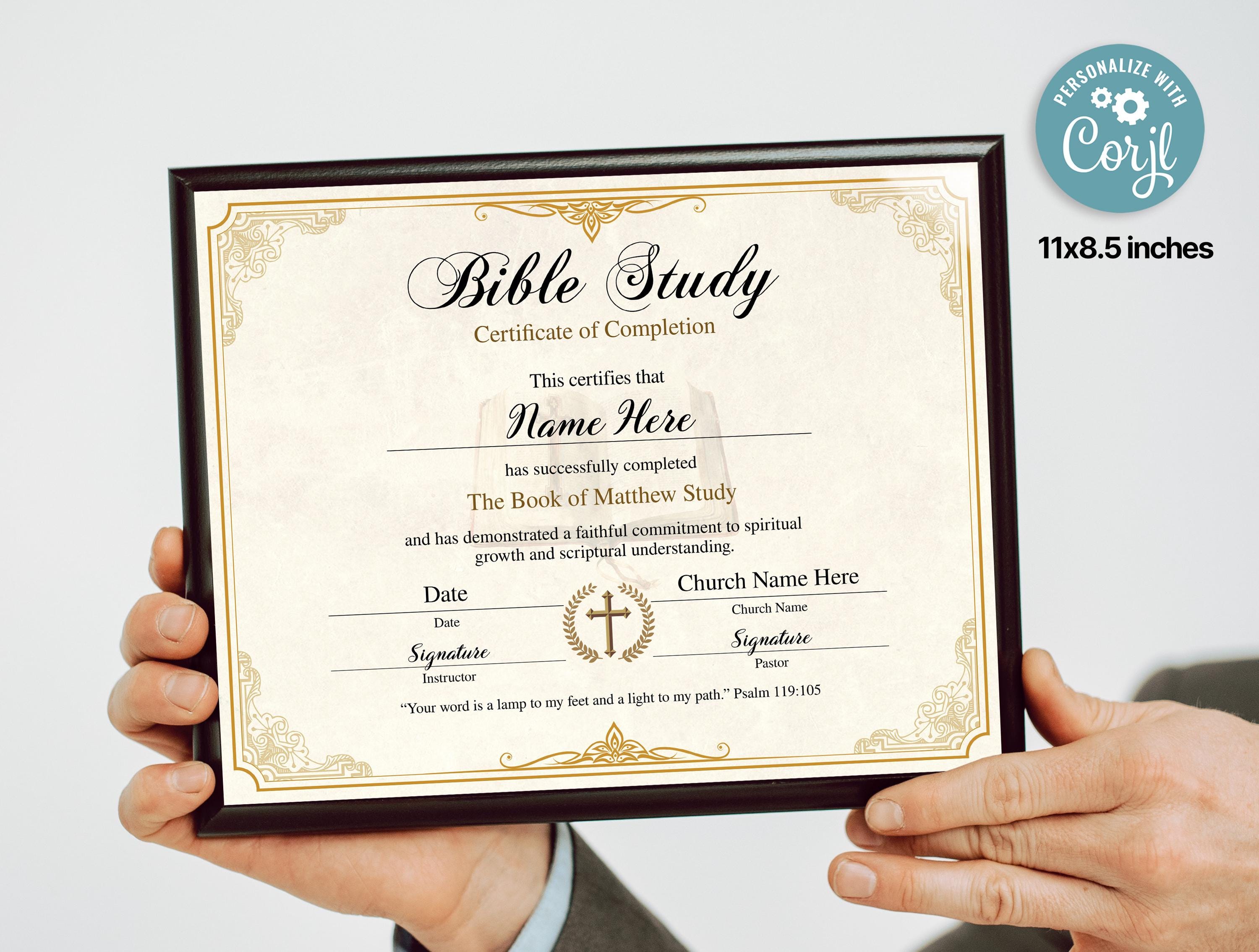 Editable Bible Study Certificate of Completion Template, Digital Bible ...