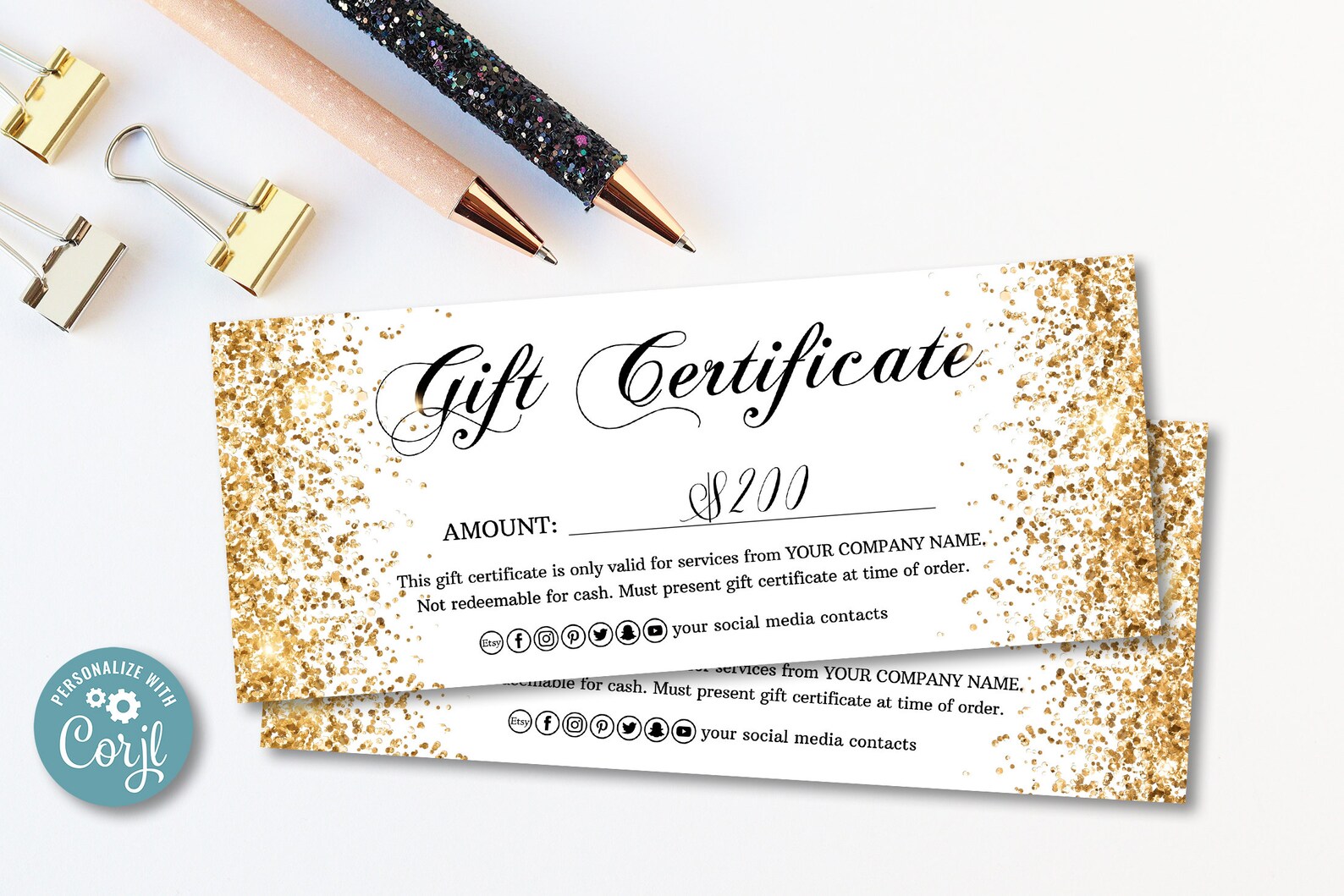 Gold Glitter Gift Certificate Template, Holiday Printable Gift Voucher ...