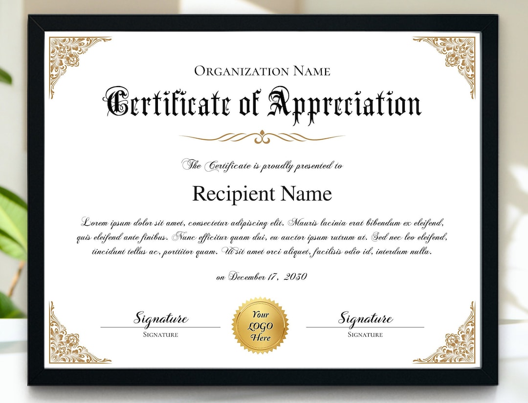 Elegant Gold Certificate of Appreciation, Printable 11x8.5 Appreciation ...