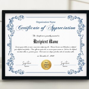 11x8.5 Appreciation Certificate Template, Blue Certificate of ...