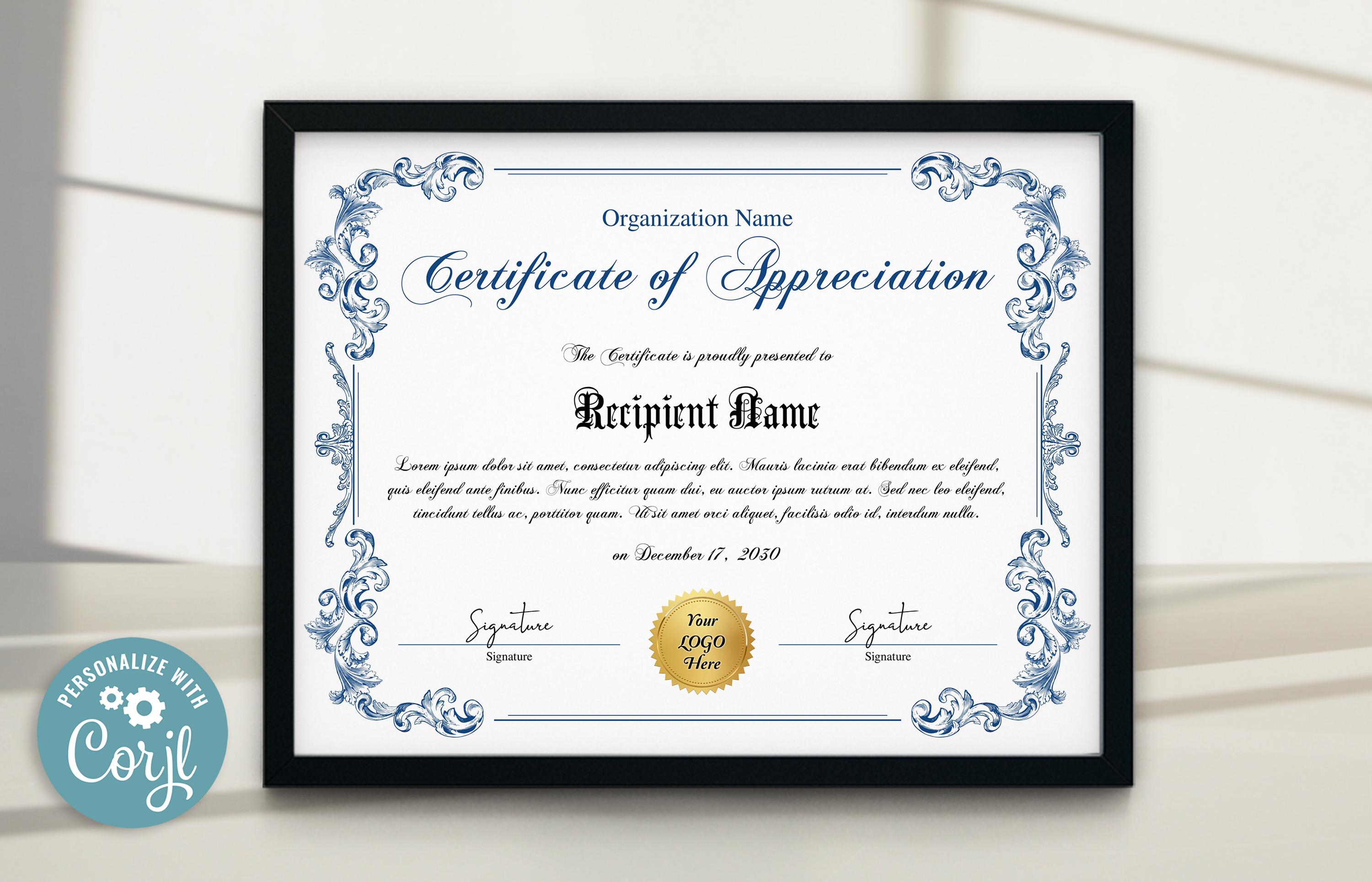 11x8.5 Appreciation Certificate Template, Blue Certificate of ...