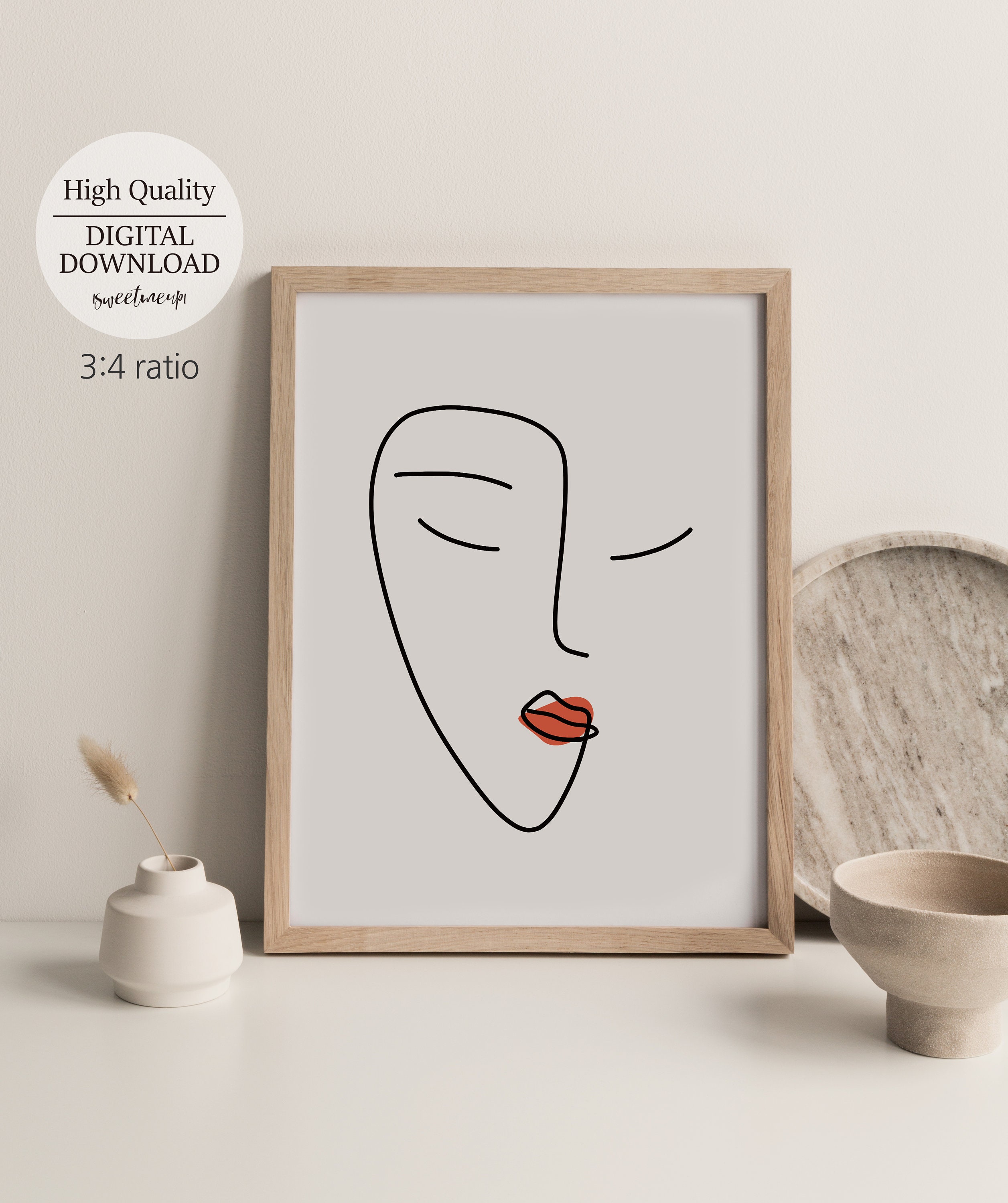 Line Face Art Print Line Art Female Face Red lip Female | Etsy
