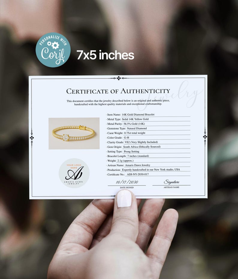 Certificate of Authenticity for Jewelry Template, 5x7 Certificate of ...