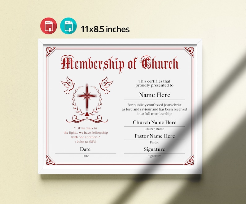 11x8.5 New Member Certificate of Membership Printable Church - Etsy