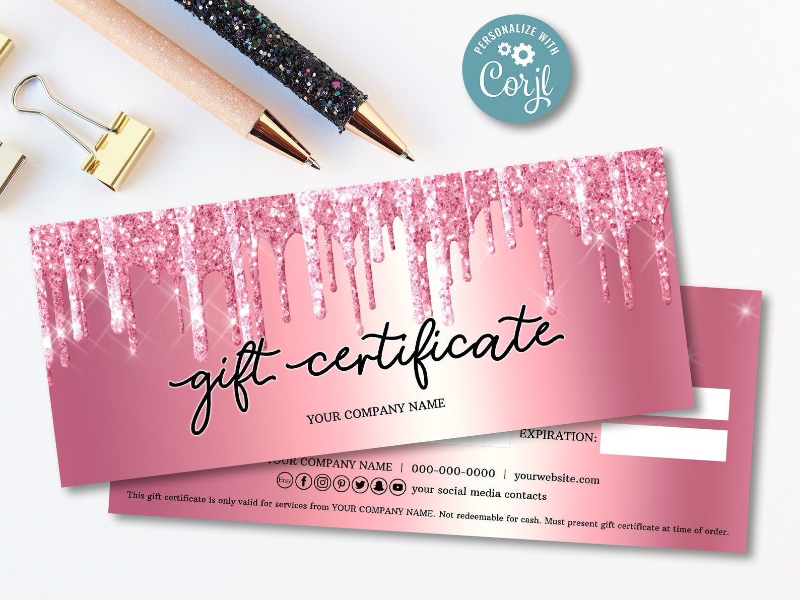 Pink Gift Certificate Sparkle Glitter Drips Modern Beauty - Etsy