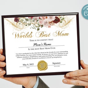 Editable Best Mom Certificate Template, Customizable Gift for Mom ...