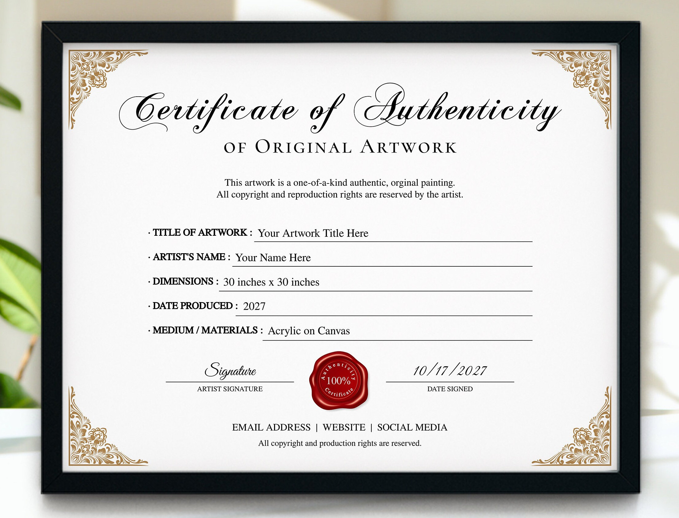 Editable Certificate of Authenticity, Printable Certificate of Authenticity for Original Artwork ...