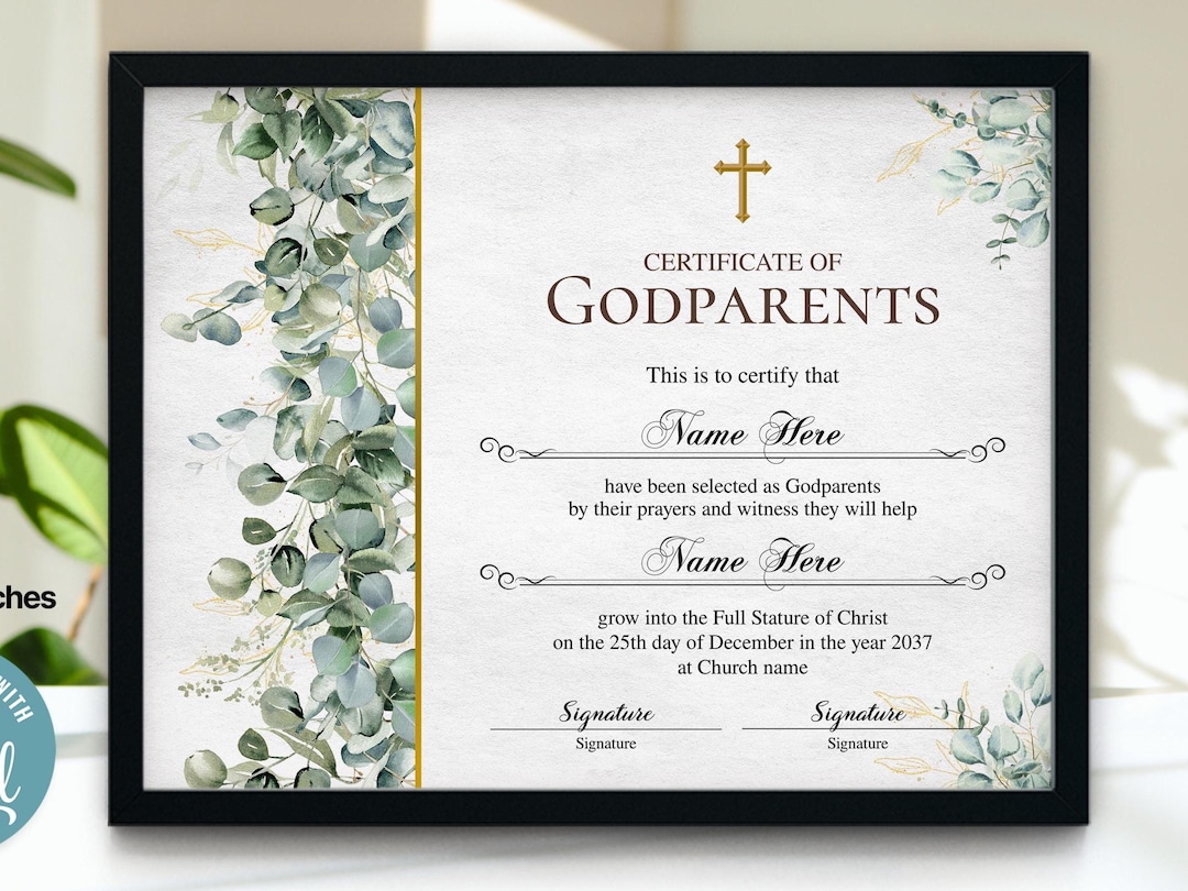 Greeny Godparents Certificate, Certificate for Godparents, Printable ...