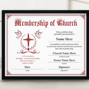 11x8.5 New Member Certificate of Membership, Printable Church ...
