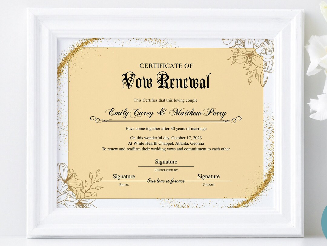 Vow Renewal Certificate Template, Editable Printable Wedding ...