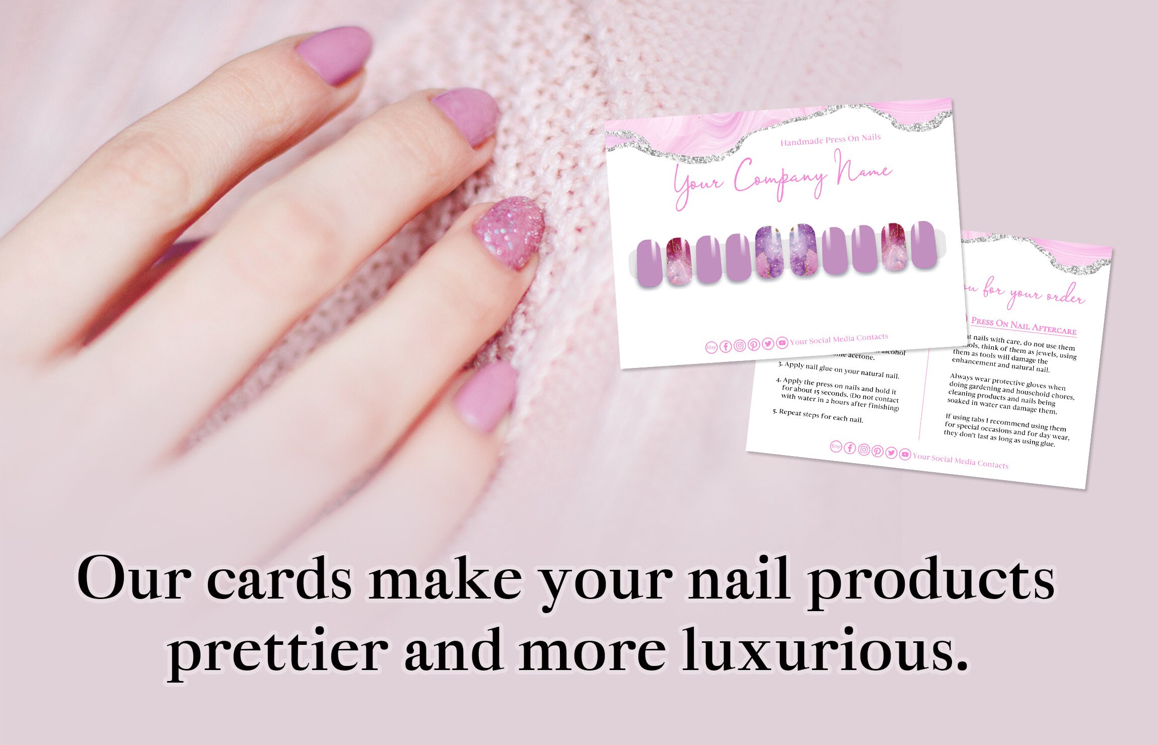 Pink Press on Nail Sizing Kit, Press on Nail Packaging, Press on Nail ...