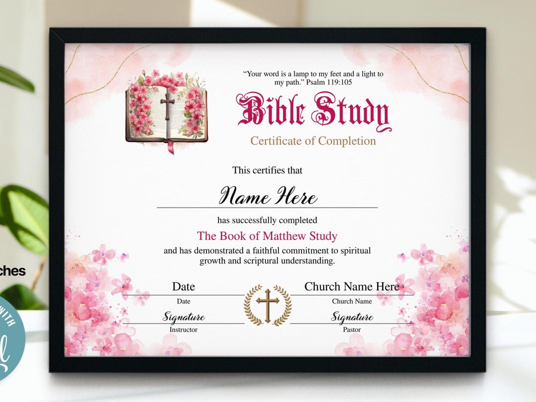 Watercolor Pink Bible Study Certificate of Completion, Printable Bible ...