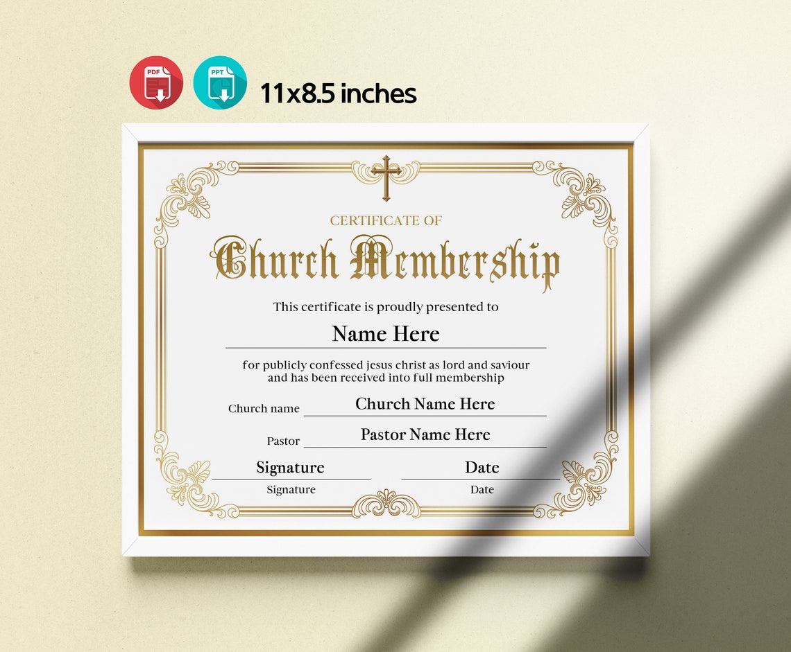 Church Membership Certificate Printable 11x8.5 New Member - Etsy