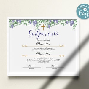 Green Godparents Certificate, Printable Editable Godparents Certificate ...