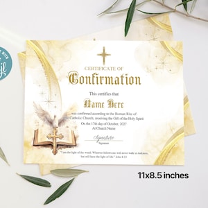 Gold Certificate of Confirmation, 11x8.5 Confirmation Certificate Template, Printable Church ...