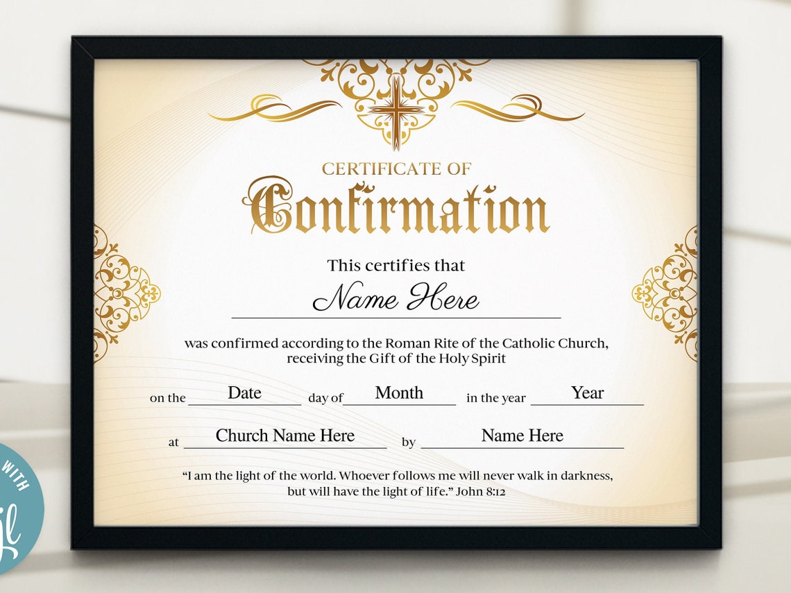 11x8.5 Gold Certificate of Confirmation Printable - Etsy