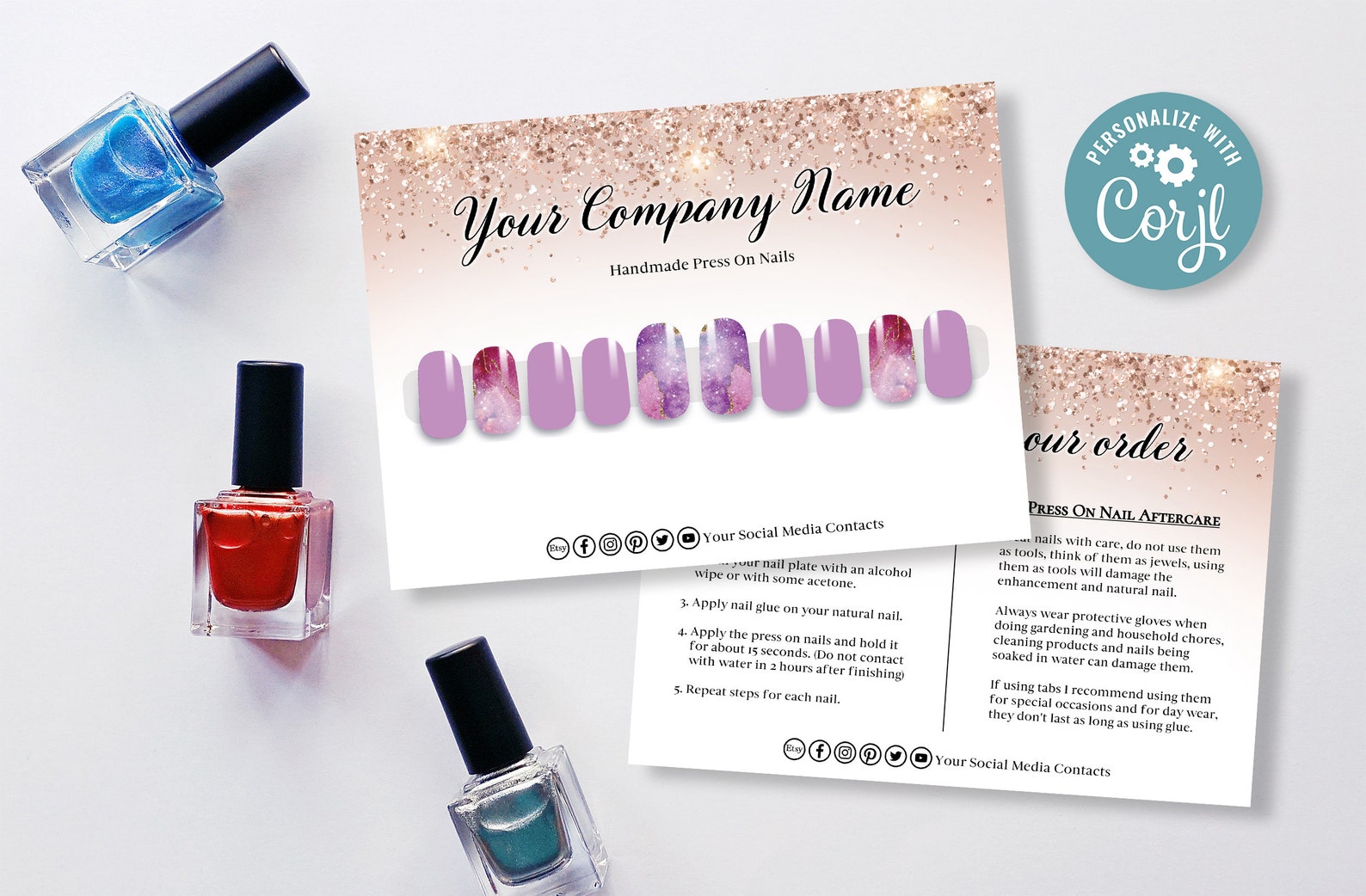 Press on Nail Instruction Cards, Press on Nail Sizing Kit, Press on ...