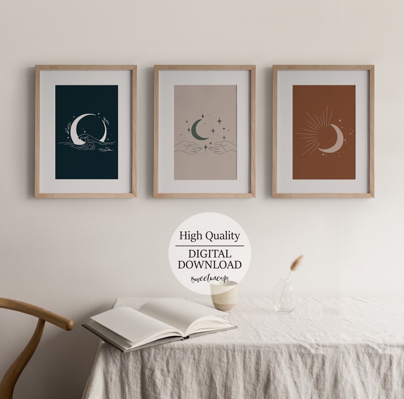 Boho Crescent Moon Art Print Printable Moon Wall Art Set of | Etsy