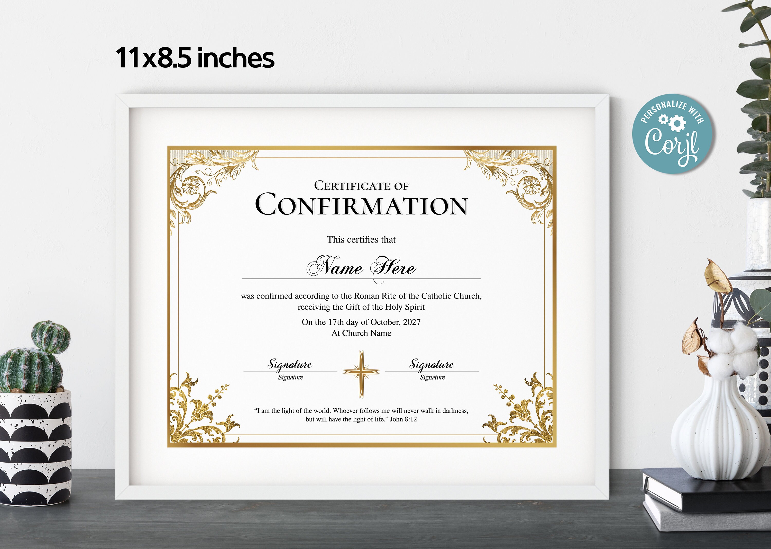 Elegant Confirmation Certificate Template, Church Certificate, 11x8.5 Printable Editable ...