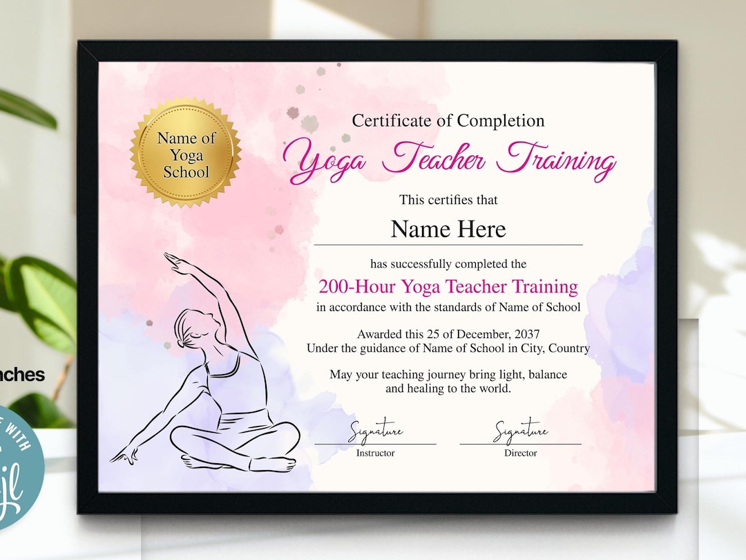 Watercolor Printable Yoga Course Completion Certificate, Yoga ...