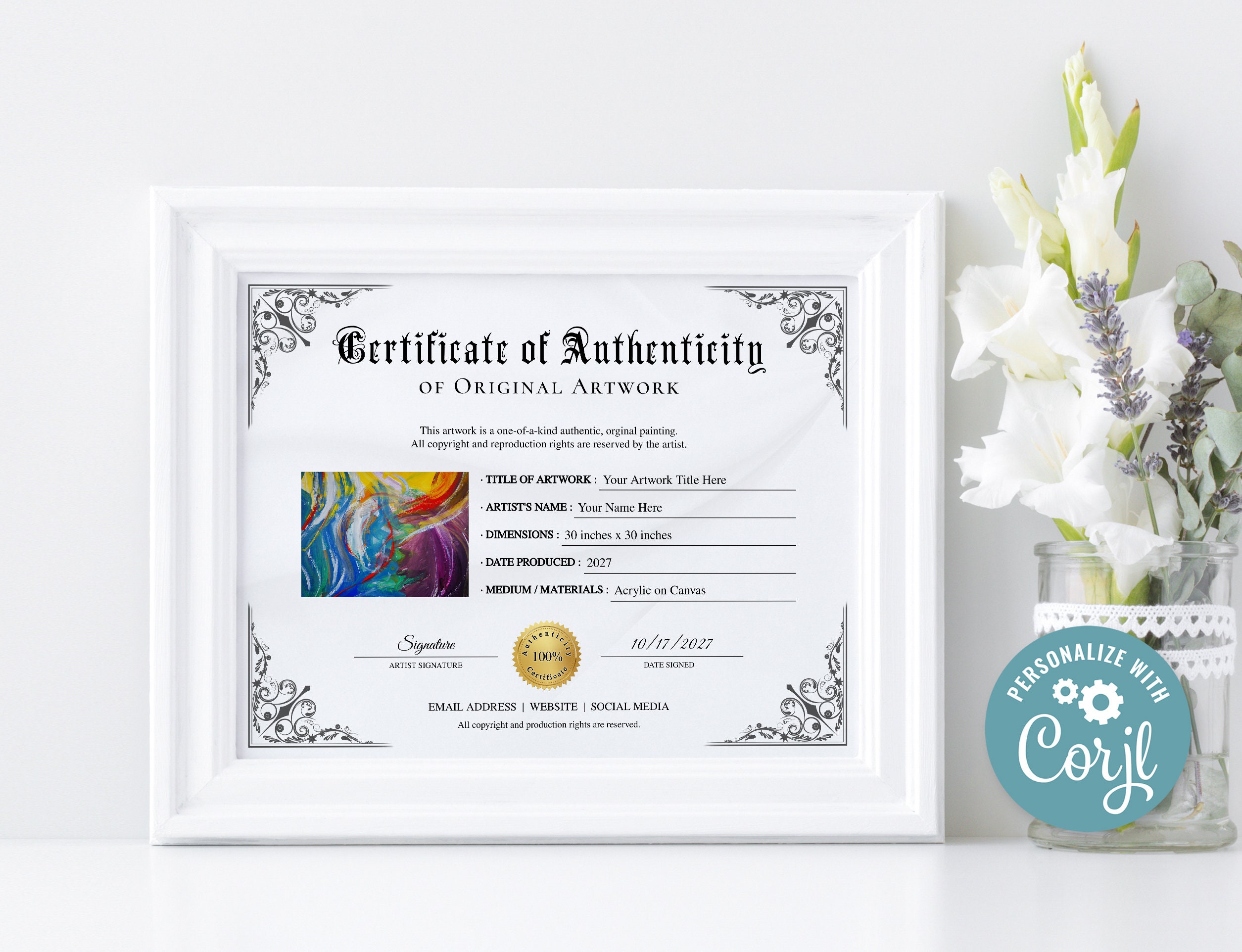 Certificate of Authenticity for Artwork, Editable Certificate of ...