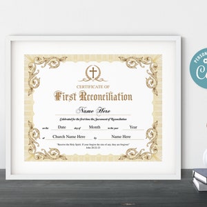 11x8.5 First Reconciliation Certificate, Printable Certificate of First ...