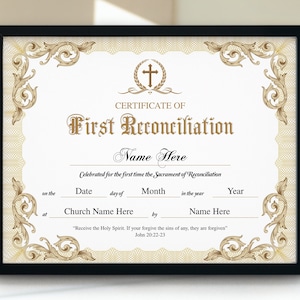 11x8.5 First Reconciliation Certificate, Printable Certificate of First ...