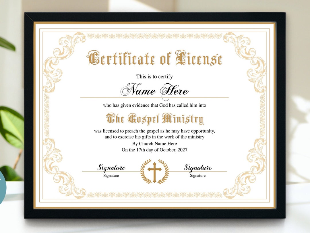 Gospel Ministry Certificate Template, Printable Ordained Minister ...
