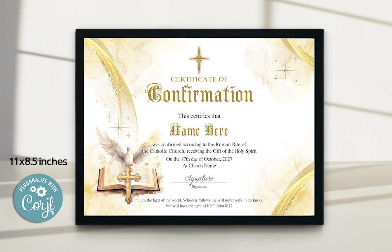 Gold Certificate of Confirmation, 11x8.5 Confirmation Certificate Template, Printable Church ...