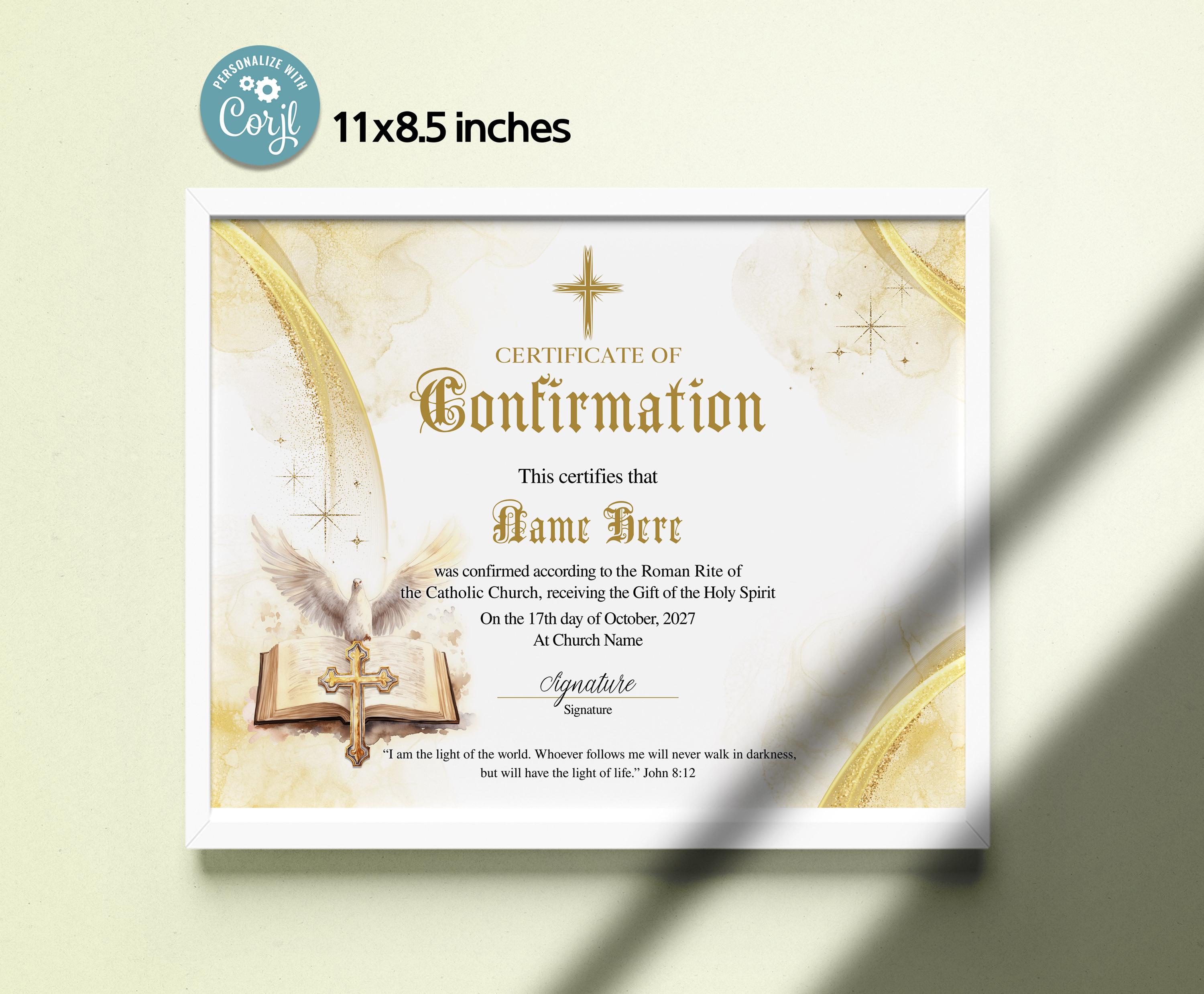 Gold Certificate of Confirmation, 11x8.5 Confirmation Certificate ...