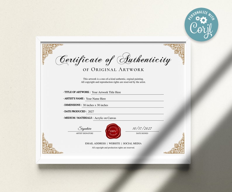 Editable Certificate of Authenticity, Printable Certificate of ...