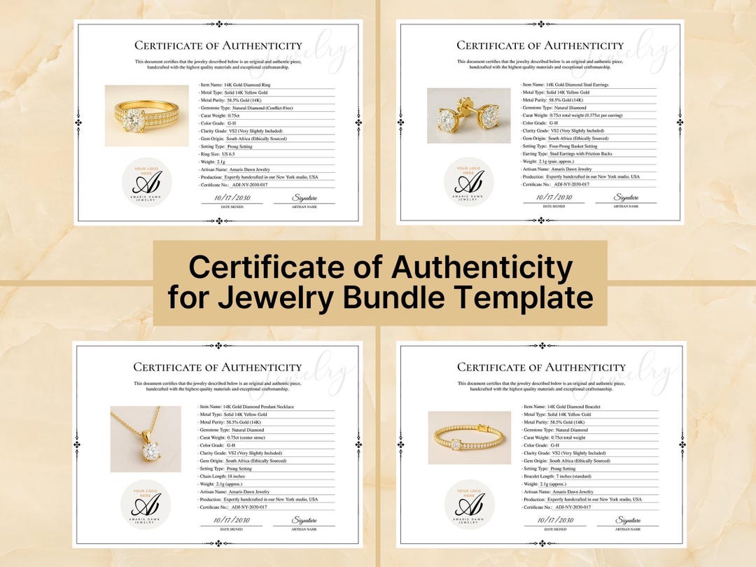 Certificate of Authenticity for Jewelry Bundle Template, 5x7 Editable ...