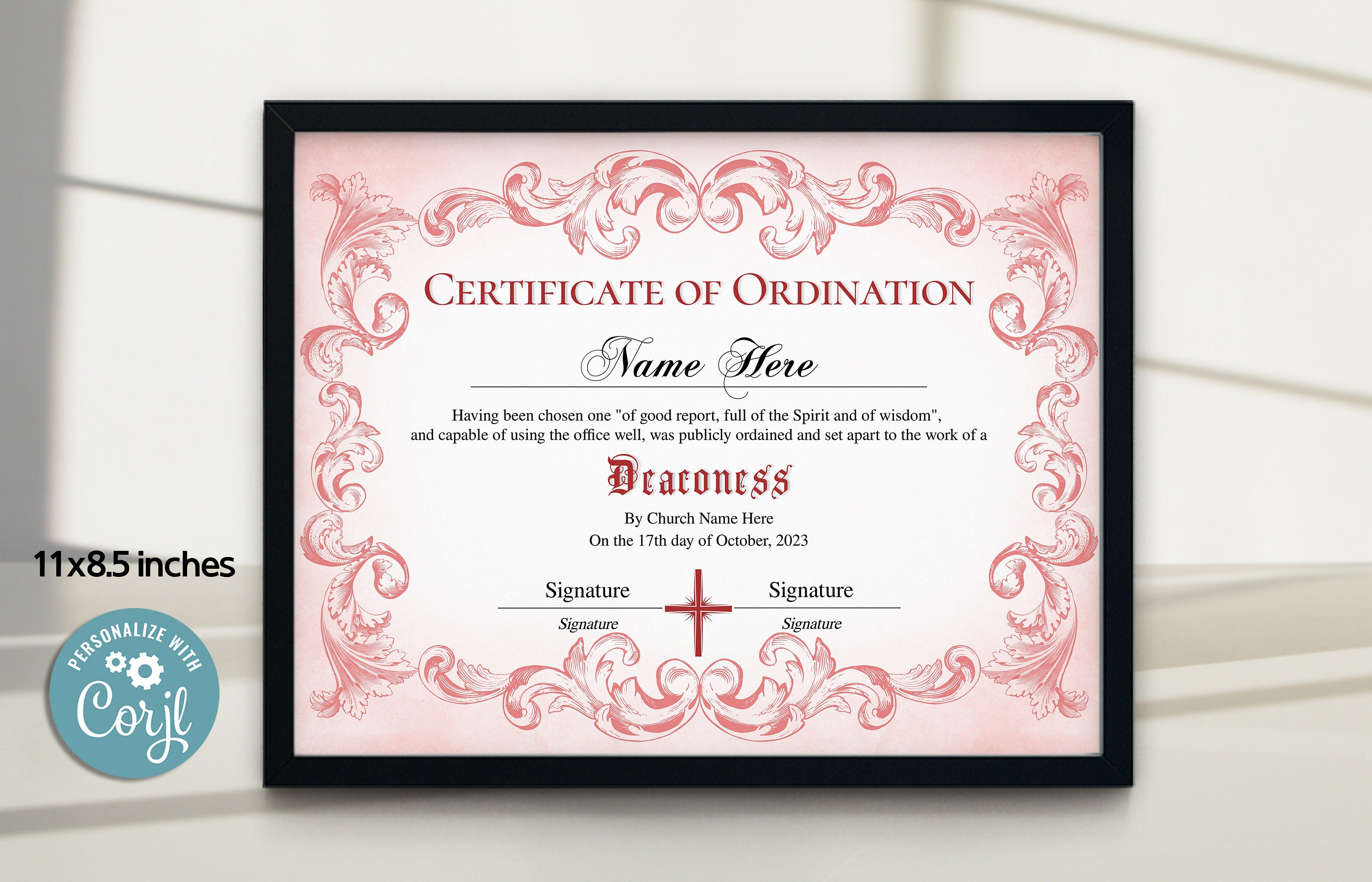 Deaconess Ordination Certificate Template, 11x8.5 Ordained Minister ...