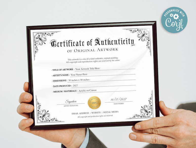 Printable Certificate of Authenticity Template Editable - Etsy