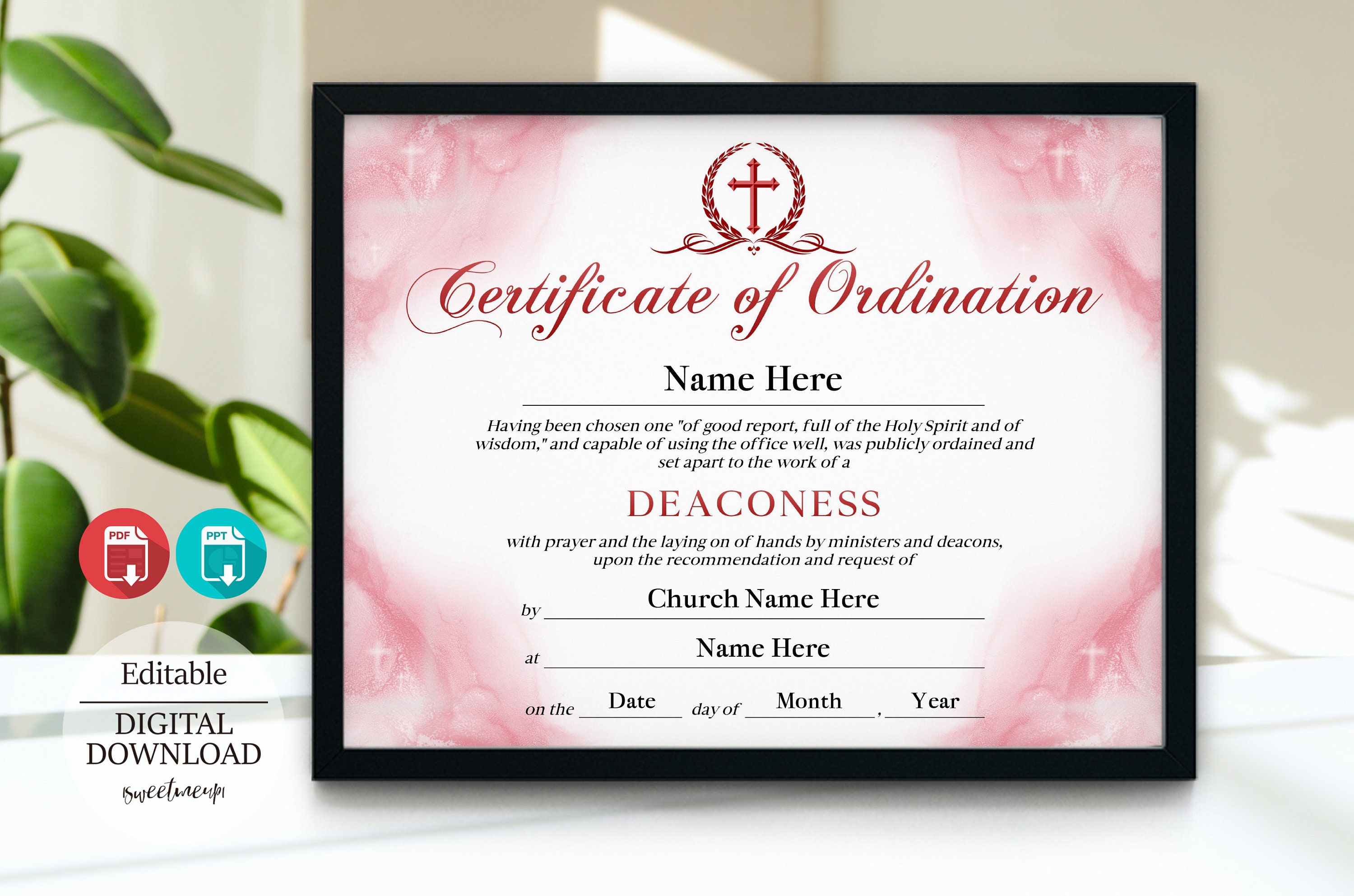 11x8.5 Deaconess Ordination Certificate, Red DIY Editable Certificate ...