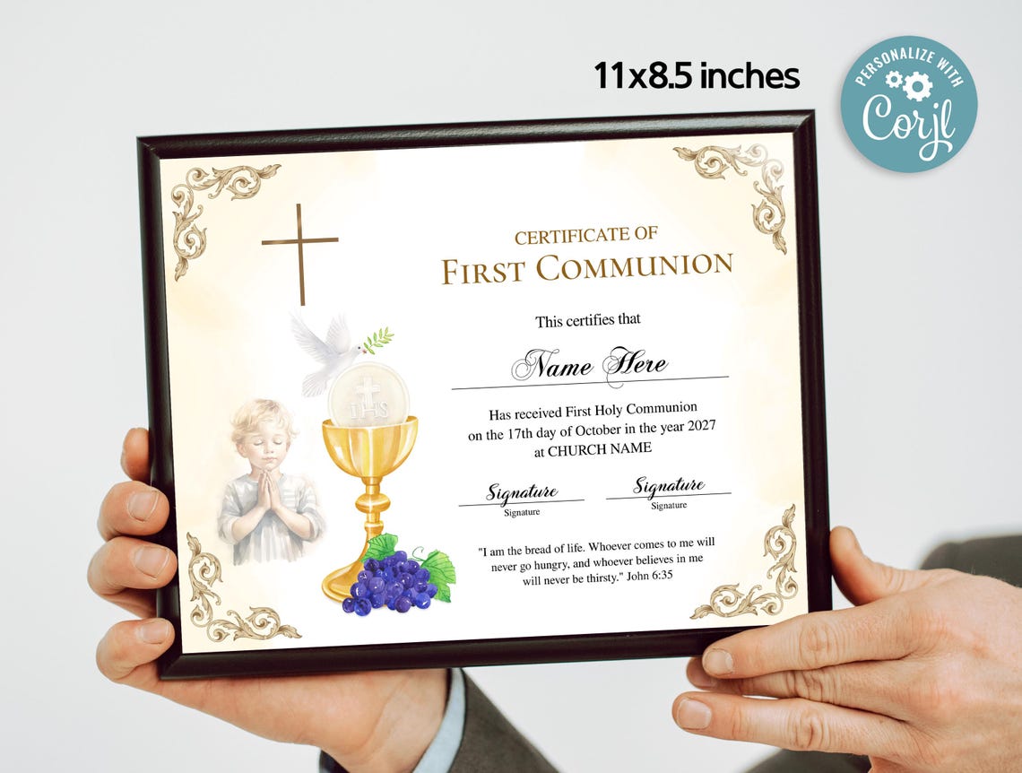 First Communion Certificate Template, Editable Printable Boy ...