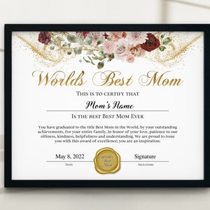 Editable Best Mom Certificate Template, Customizable Gift for Mom ...