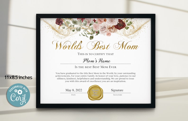 Editable Best Mom Certificate Template Customizable Gift for - Etsy