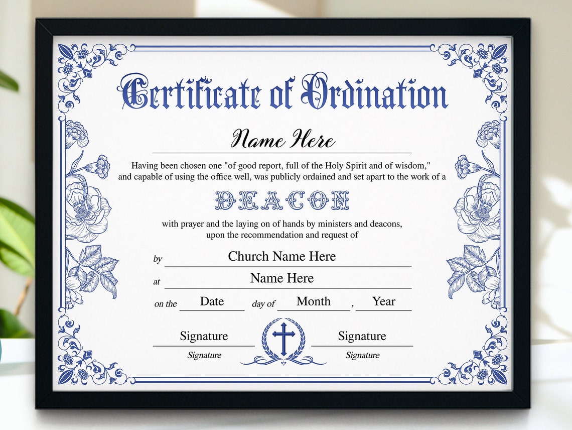 Deacon Ordination Certificate Template 11x8.5 Printable - Etsy