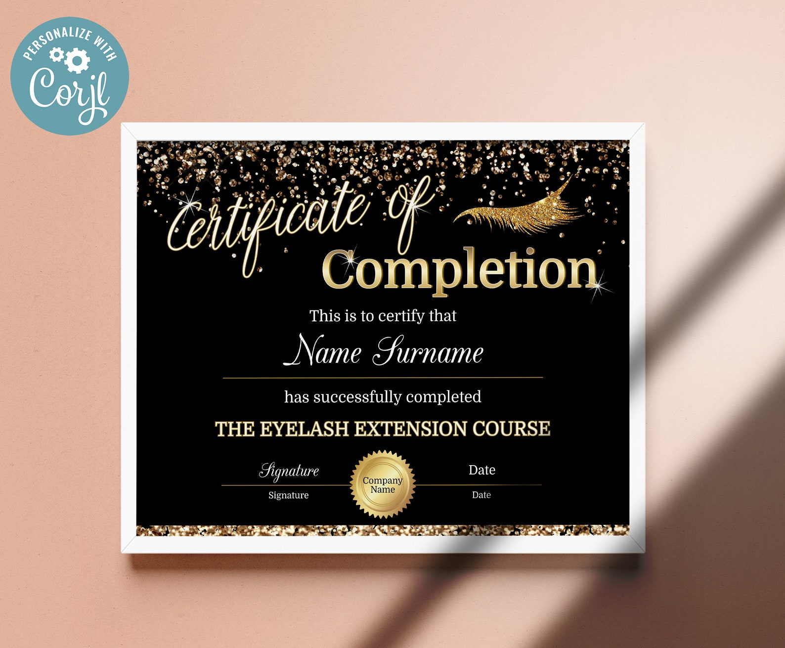 Lashes Certificate Template, Certificate of Completion, Gold and Black ...