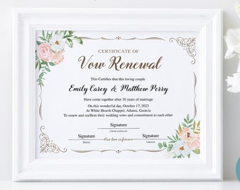 Vow Renewal Certificate Template, Editable Printable Wedding ...
