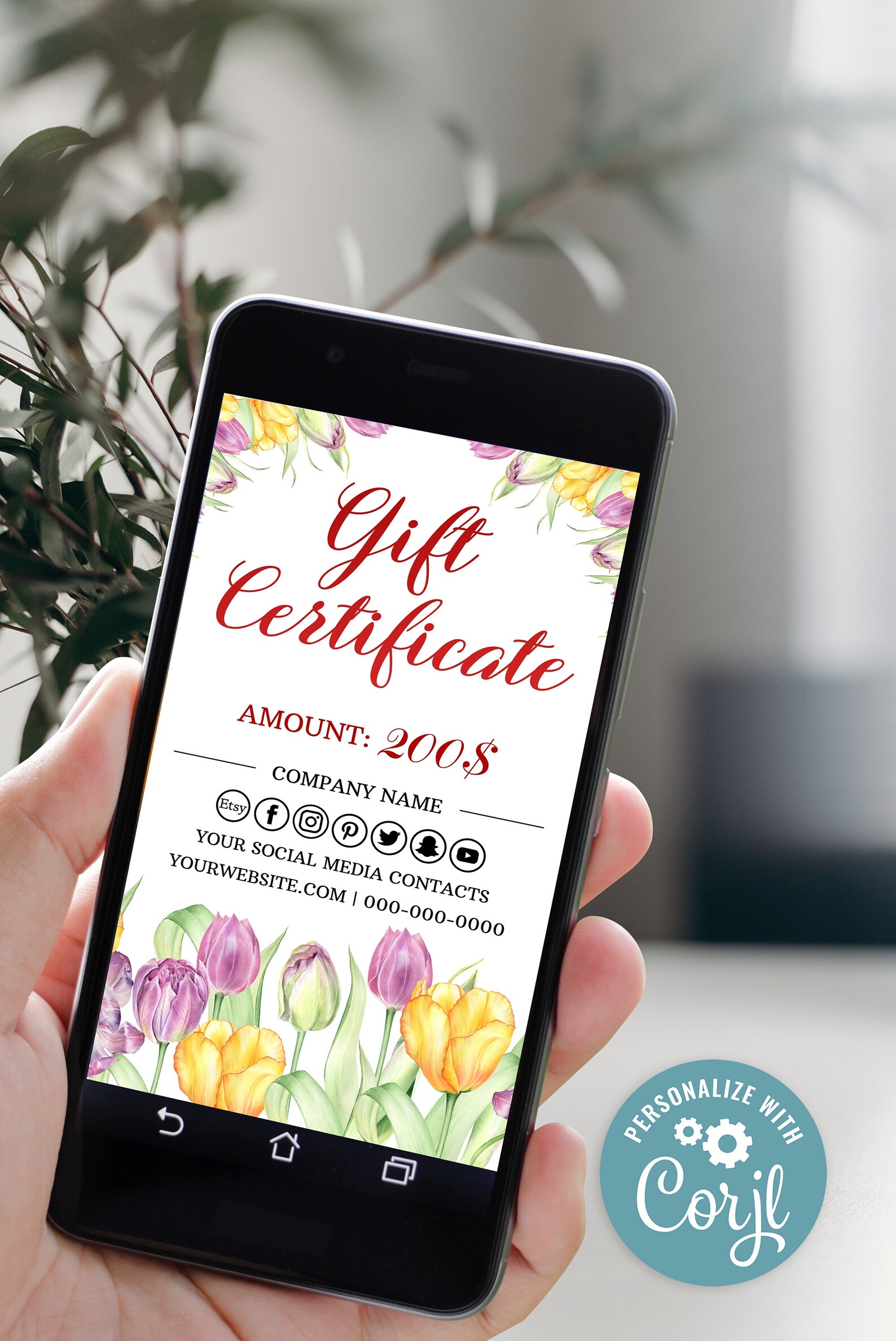 Mobile Gift Certificate Template, Floral Digital Gift Certificate ...