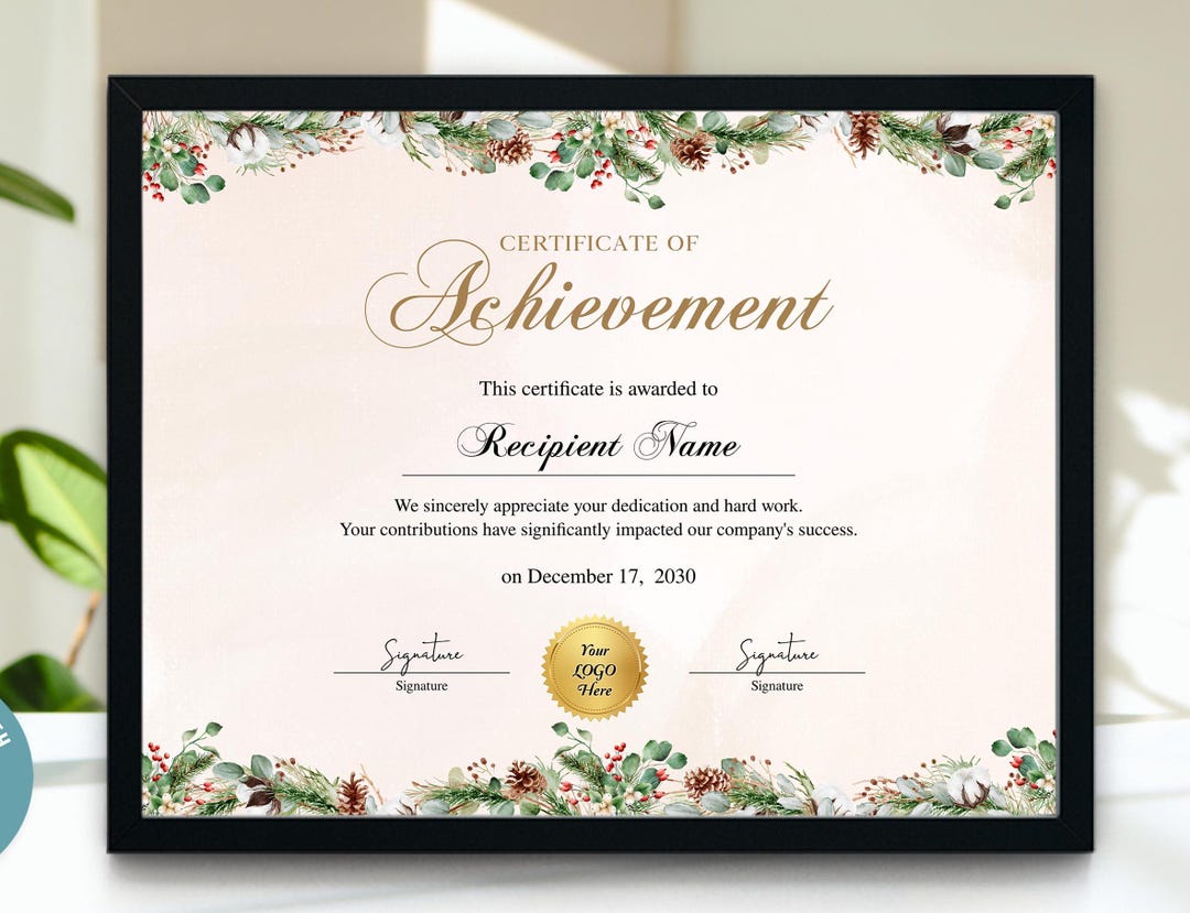 Holiday Award of Achievement Certificate, Christmas Certificate of ...