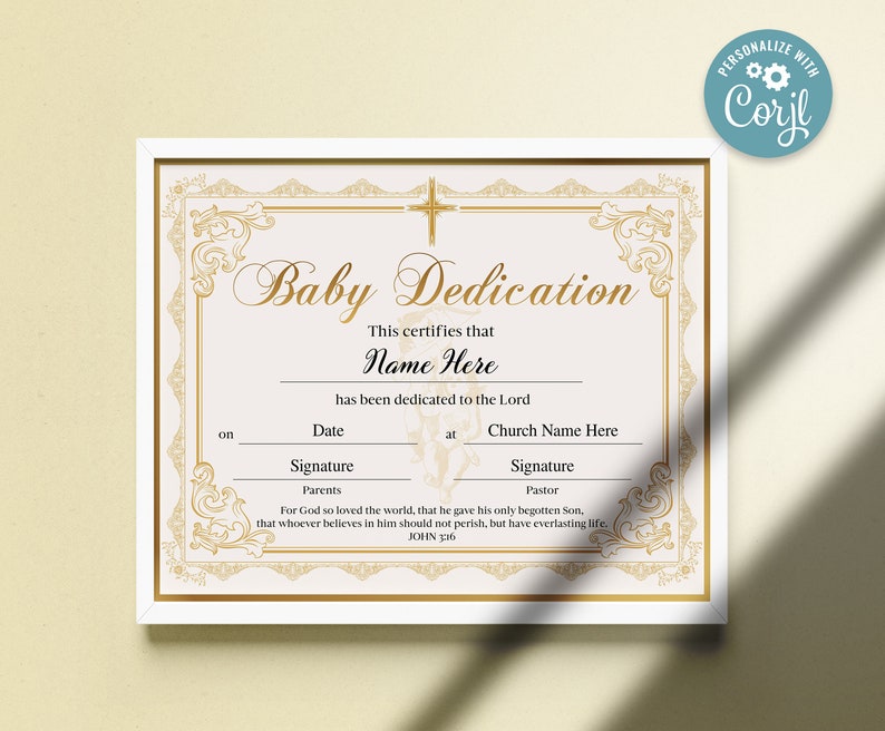 Baby Dedication Certificate, 11x8.5 Gold Baby Dedication Certificate ...