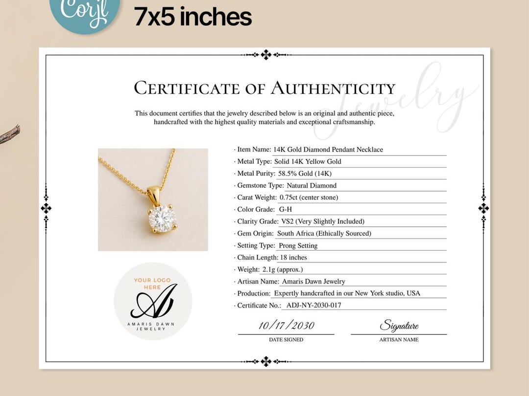 Certificate of Authenticity for Jewelry, 5x7 Certificate of ...